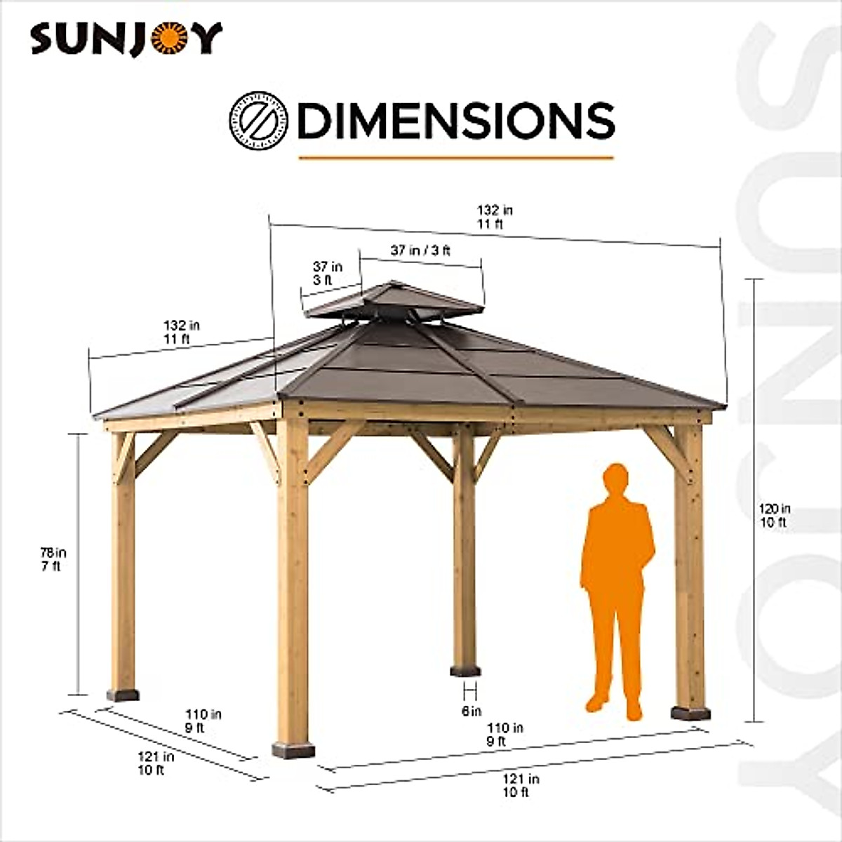 Sunjoy 11' X 11' Cedar Framed Wood Gazebo with Brown Double Steel Hardtop Roof Permanent Canopy for Garden, Backyard Shade, 11 x 11 ft-Chapman