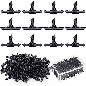 Zonon 100 Pieces Barbed Connectors Drip Irrigation 1/4 Inch Universal Barbed Tee Fittings Barbed Connectors for Garden Lawn Drip or Sprinkler Systems, Black