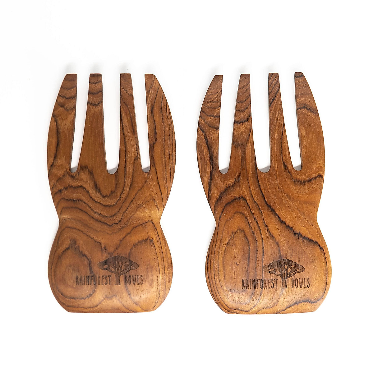 Rainforest Bowls Javanese Teak Wood Salad Serving Hands w/Knob Handles - Perfect for Mixing, Tossing & Serving Salad - Ultra-Durable- Premium Wooden Design Handcrafted by Indonesian Artisans