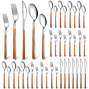 Wood Handle Silverware Set, Stainless Steel Cutlery Set with Imitation Wood Grain Handle Silver Mirror Polished Dishwasher Safe for Household Kitchen Utensils Restaurant Hotel Party (40)