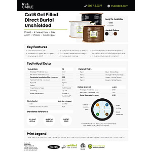trueCABLE Cat6 Direct Burial, Gel Filled, 1000ft, Black, Waterproof, CMX, 23AWG Solid Bare Copper, 550MHz, PoE++ (4PPoE), ETL Listed, Unshielded UTP, Bulk Ethernet Cable