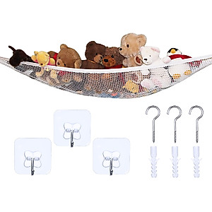 Storage Hammock Nets Toy Net Holder Stuffed Animal Hammocks Toy Mesh Hammock Jumbo Wall Sling Corner Mesh Toy Organizer with Hooks for Bedroom Plush Toys (White)