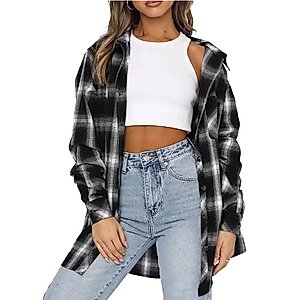 Tiko Miko Flannel Shirts for Women Oversized Plaid Soft Flannel Button Down Shirt Blouses(0001-black-L)