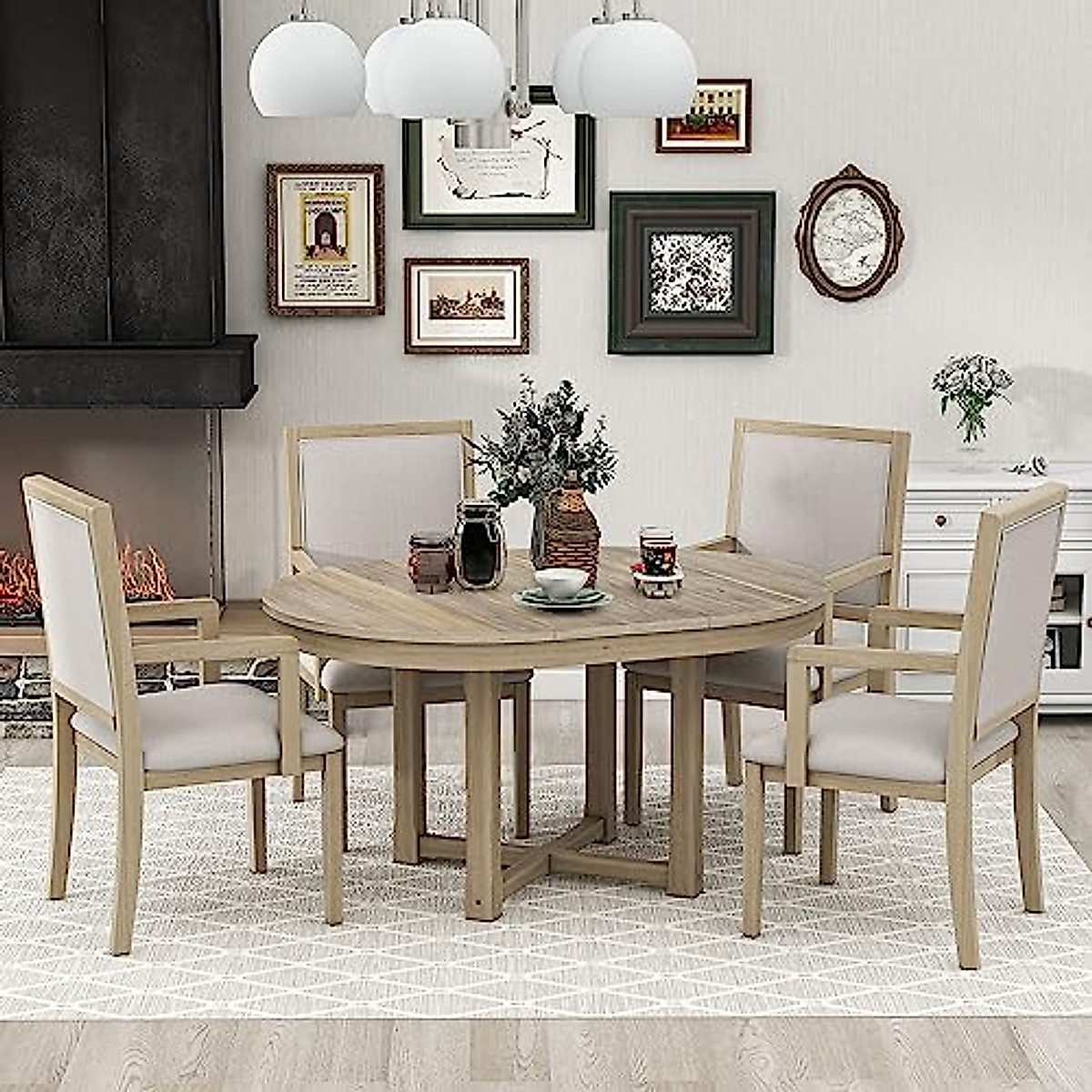 TARTOP Set 5-Piece Wooden Two-Size Round to Oval Extendable Butterfly Leaf Table and 4 Upholstered Dining Chairs with Armrests for Kitchen, Dinning Room, Wash, Natural Wood Wash1