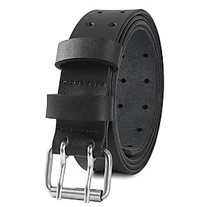 PBF Double Prong Leather Work Belts for Men | 38mm Wide | Heavy Duty | Real Leather Belt (XXL for Waist 52" - 56", Black)