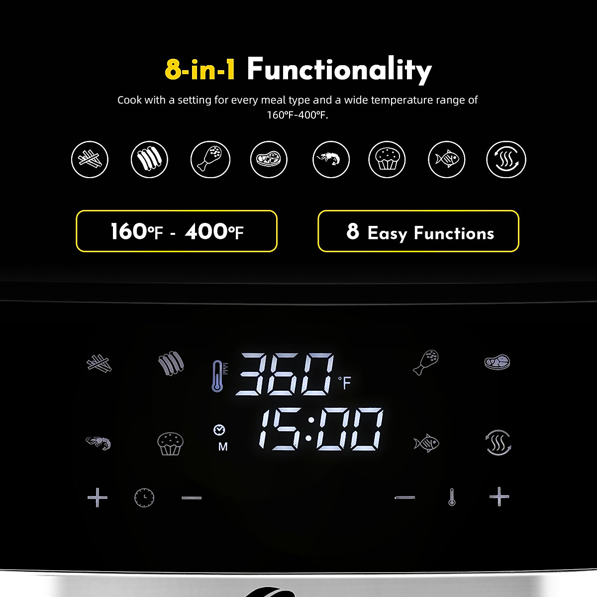 MIRASTON 8.5QT Air Fryer, Upgraded 8-in-1 Square Nonstick Basket Air Fryers, Smart Touchscreen with 8-Presets, Air Fry, Bake, Broil, Reheat, Fast Cooking, Oilless, Dishwasher-Safe, for Family, Parties