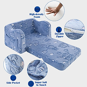 MeMoreCool Toddler Fold Out Chair for Girls Boys, Glow in Dark Comfy Folding Baby Couch Convertible to Lounge, Flip Out Kids Soft Plush Recliner for Childrens Playroom (Glowing Astronaut)