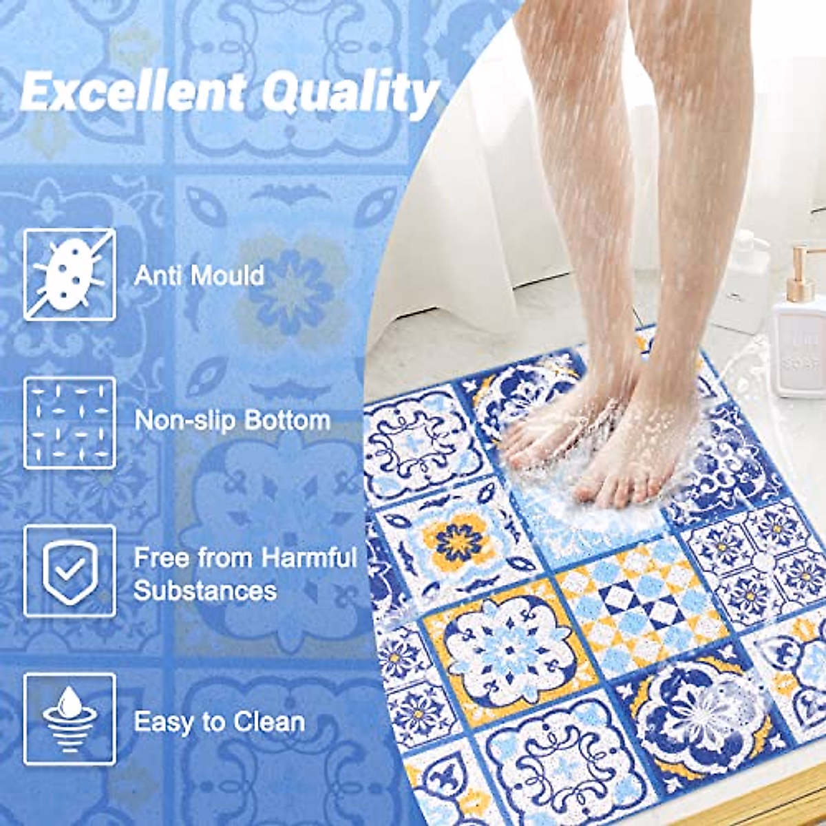 Shower Mat Non-Slip, 24x 24 Inch Square, Soft Comfort Bath Mats with Drainage Holes, PVC Loofah Massage Bathmat for Shower, Tub, Bathroom, Wet Areas, Quick Drying