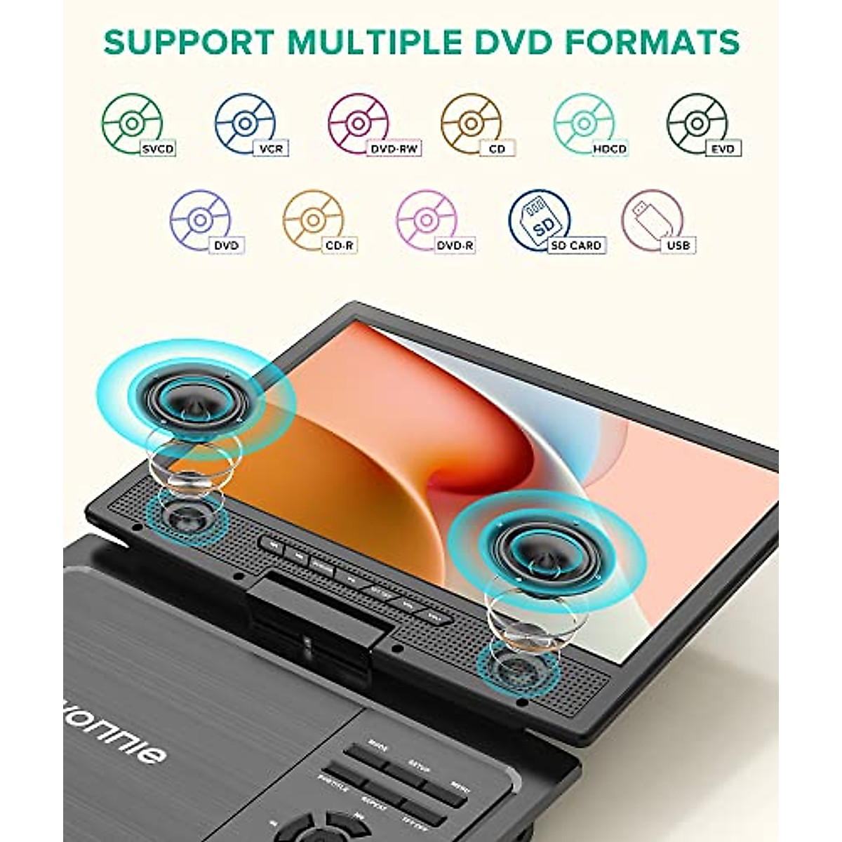 WONNIE 12.5" Portable DVD Player Car Headrest Video Players with 10.5" Swivel Screen, Car Headrest Holder, 5-Hours Rechargeable Battery, Regions Free, Support USB/SD Card/Sync TV