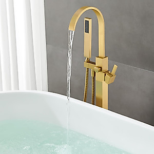 Artiqua Freestanding Bathtub Faucet Floor Mount Tub Filler Brushed Gold Brass Bathroom Faucets Single Handle with Hand Shower