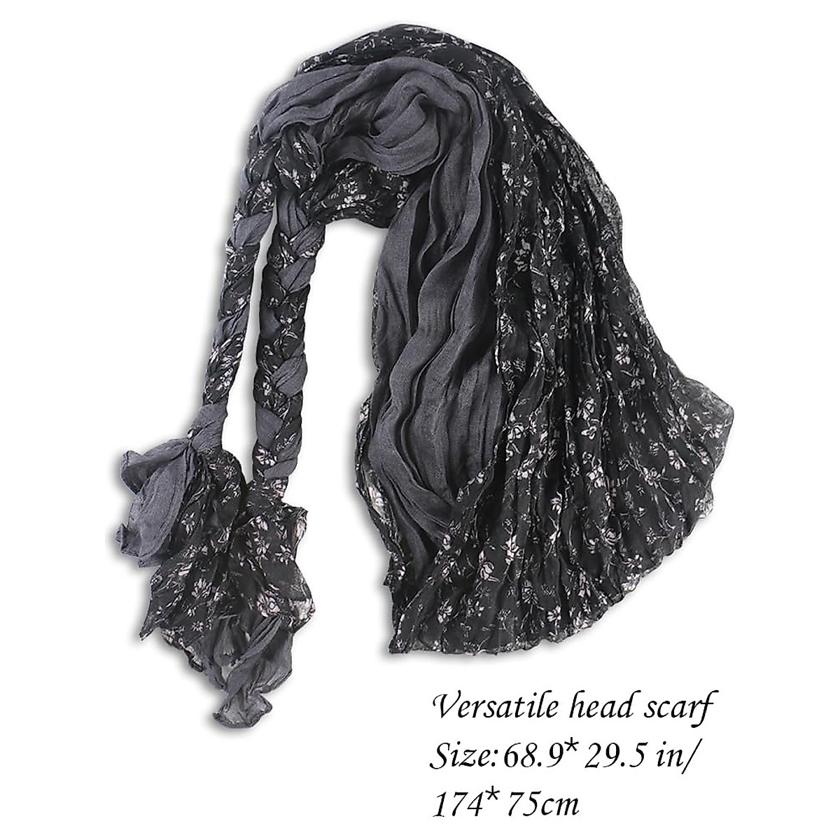 2 In 1 Floral Boho Headwear Hijab Scarf for Travel Soft Cotton Hemp Crepe Crinkled Head Wrap Turban for Woman