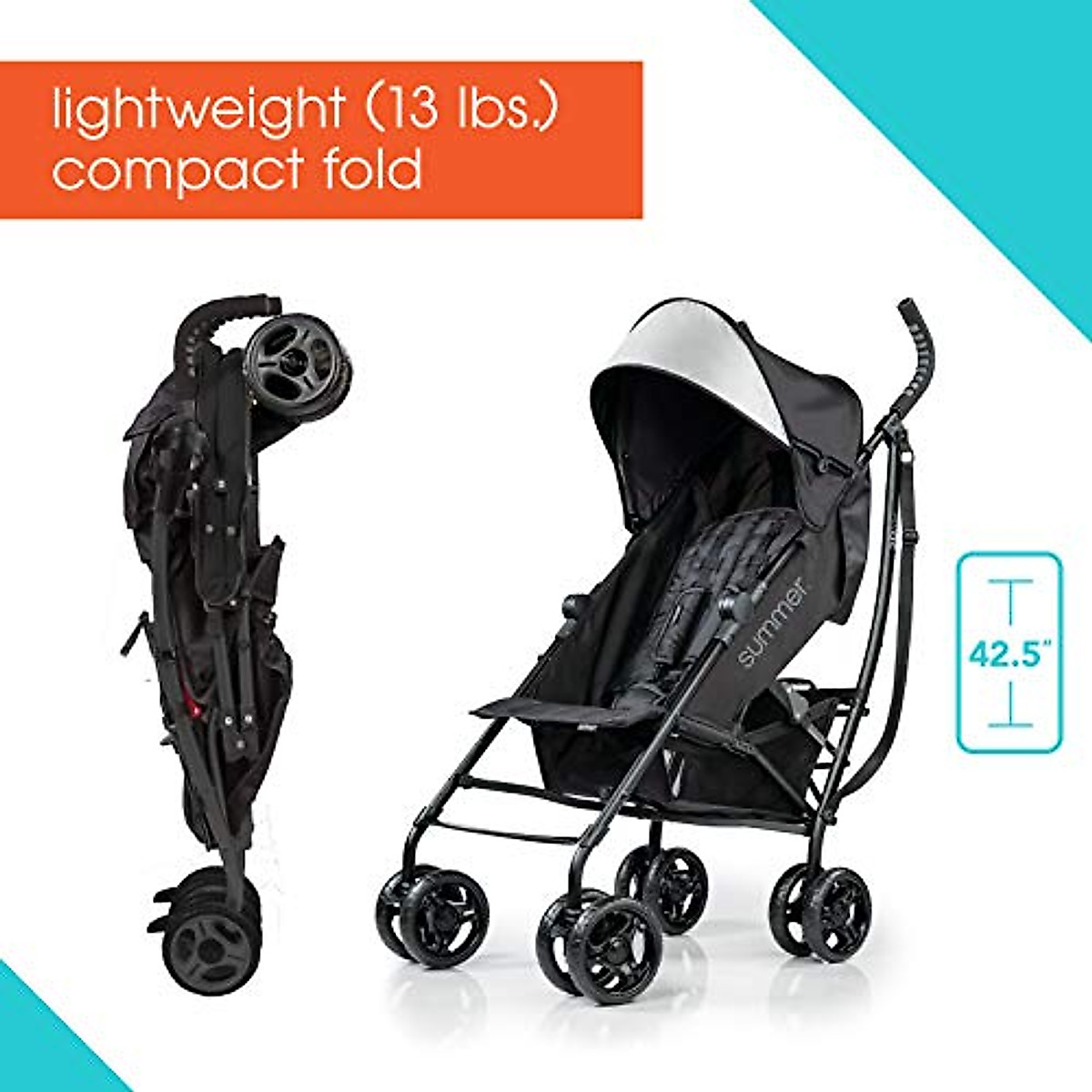 Summer 3Dlite Convenience Stroller, Jet Black - Lightweight Stroller with Aluminum Frame, Large Seat Area, 4 Position Recline, Extra Large Storage Basket - Infant Stroller for Travel and More