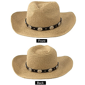 Straw Cowboy Hat for Women Men Western Sun Hat Wide Brim Summer Belt Cowgirl Hats(M-L)