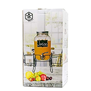 1 Gallon Glass Drink Dispenser | 100% Leakproof Stainless Steel Spigot | Sturdy Metal Stand, Chalkboard, Cup Holder | Great for Outdoor Parties | Perfect for Cold Drinks & Laundry Detergent