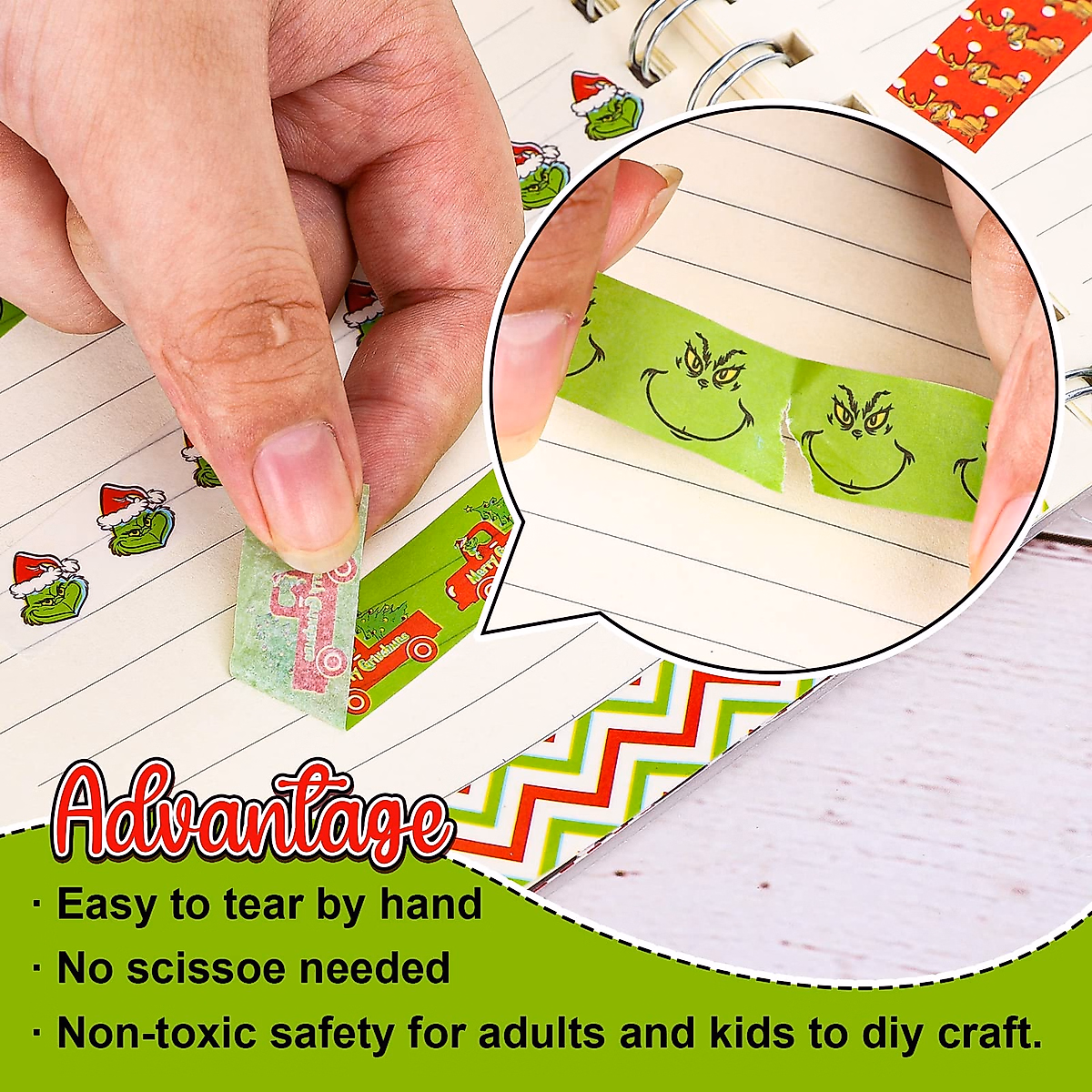 Whaline 12 Rolls Christmas Washi Tape Funny Cartoon Characters Decorative Tape Green Red Xmas Holiday Masking Tape for Christmas Scrapbook Journal Calendar DIY Craft Gift Wrapping, 16.4ft x 0.6"