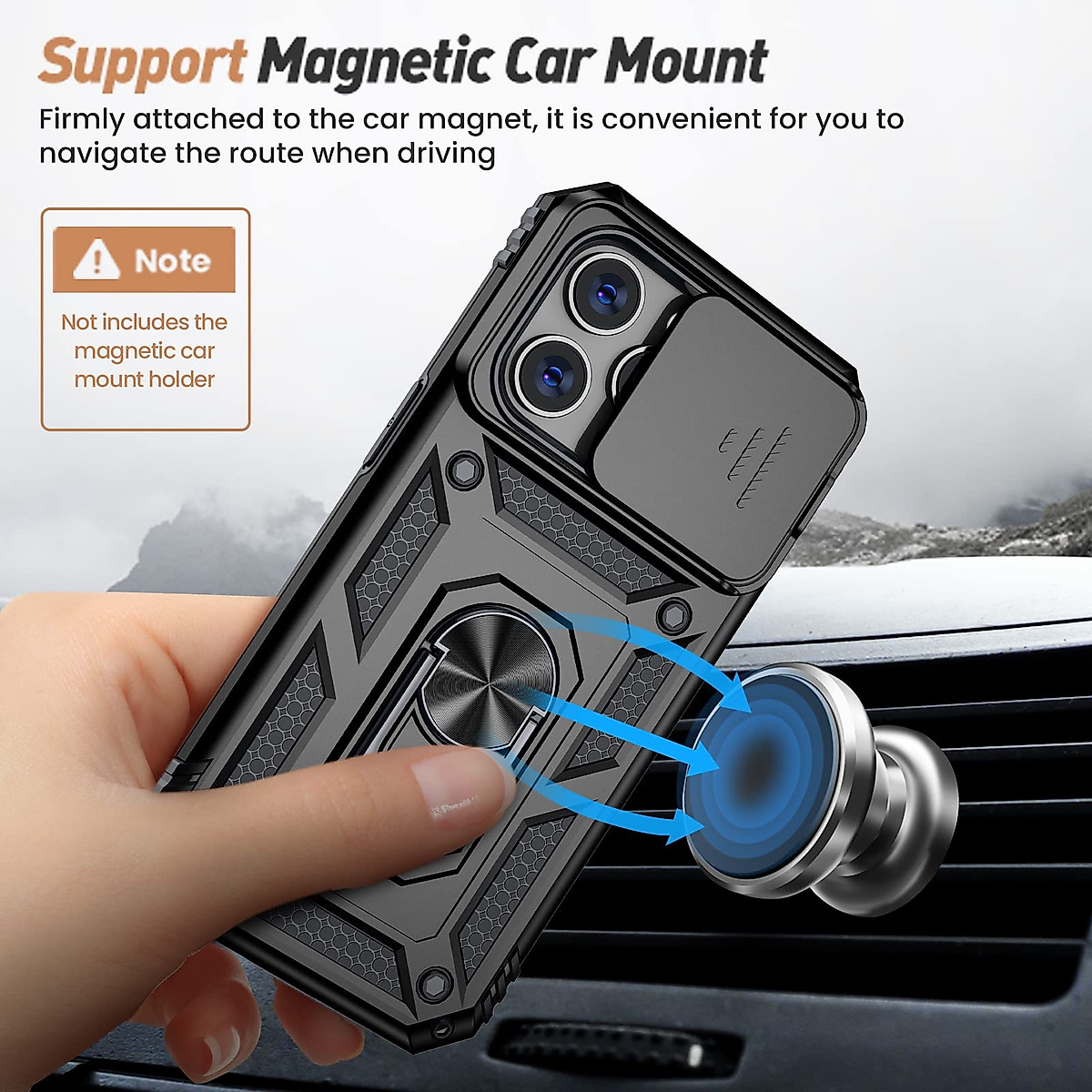 Goton Armor Case for iPhone 13 Pro Max & iPhone 12 Pro Max Case with Sliding Camera Cover & Stand, Heavy Duty Shockproof Protective Rugged Phone Case with 360-degree Rotatable Ring Kickstand - Black