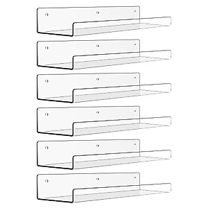 upsimples 10 Pack Clear Acrylic Shelves for Wall Storage, 15" Acrylic Floating Shelves Wall Mounted, Kids Bookshelf
