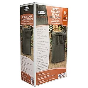 Suncast 73 Gallon Deck Box & Wicker Trash Hideaway Outdoor Garbage Bin, Java