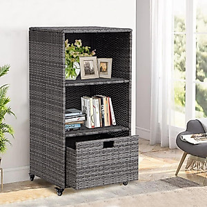 Kinpaw Pool Towel Rack Outdoor Storage Cabinet - 49” High Pool Towel Rack with with Storage Shelves & Drawer & Caters, Patio Wicker Towel Holder for Pool Area Outside, Hot Tub, Spa, Gray