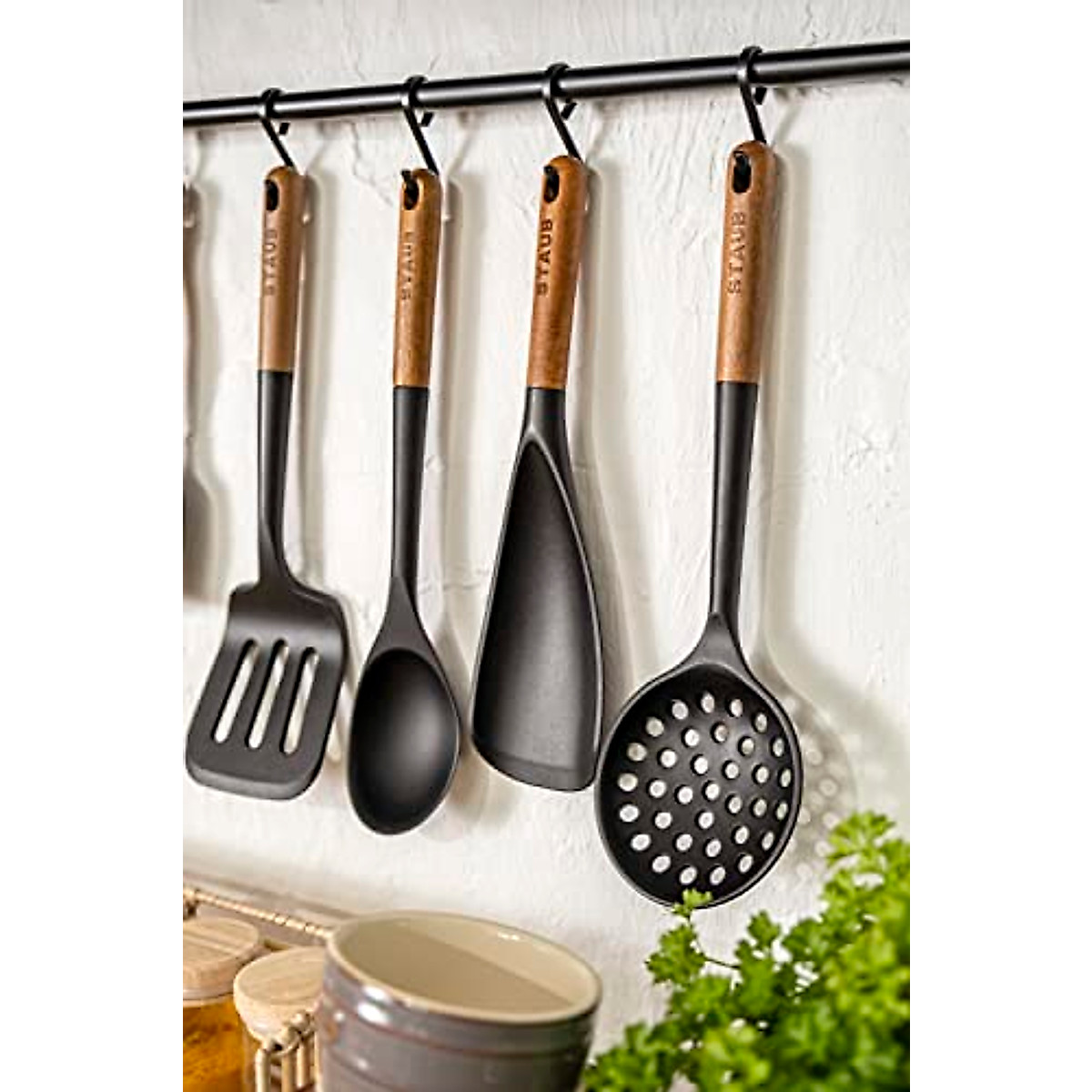 STAUB Wok Spatula, Perfect for Scooping, Flipping, Stirring, and Turning Stir Fries, One Size, Durable BPA-free Matte Black Silicone, Acacia Wood Handles, Safe for Nonstick Cooking Surfaces