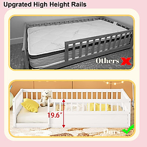 Twin Size Floor Bed with High Fence Rails, Solid Wood Montessori Floor Bed for Baby,Kids Twin Bed Frame for Girls, Boys, Floor Bed Without Slats as Kids Playground,White