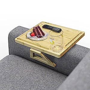 Bamboo Sofa Tray Rectangle Table Clip on Side Bed Sofa Arm Foldable Couch Tray with Phone Holder, Armrest Table Serving Tray for Drinks Coffee Snacks Remote Control