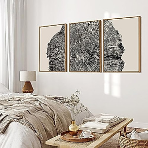 CHDITB Framed Wood Tree Rings Wall Art Set, 16x24in Black and White Canvas Art Wall Decor, Abstract Nature Wall Pictures Prints, Modern Paintings Wall Art for Living Room, Bedroom, Farmhouse(3Pcs)