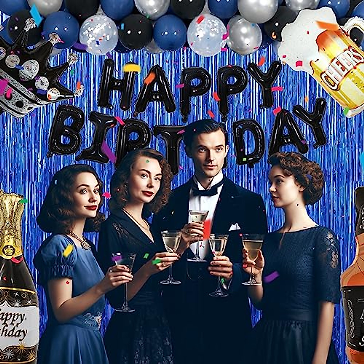 Navy Blue and Black Birthday Decorations for Men Women, Blue and Silver Birthday Party Decorations with Happy Birthday Banner,Fringe Curtains,Happy Birthday Decorations for Boys Girls Party Supplies