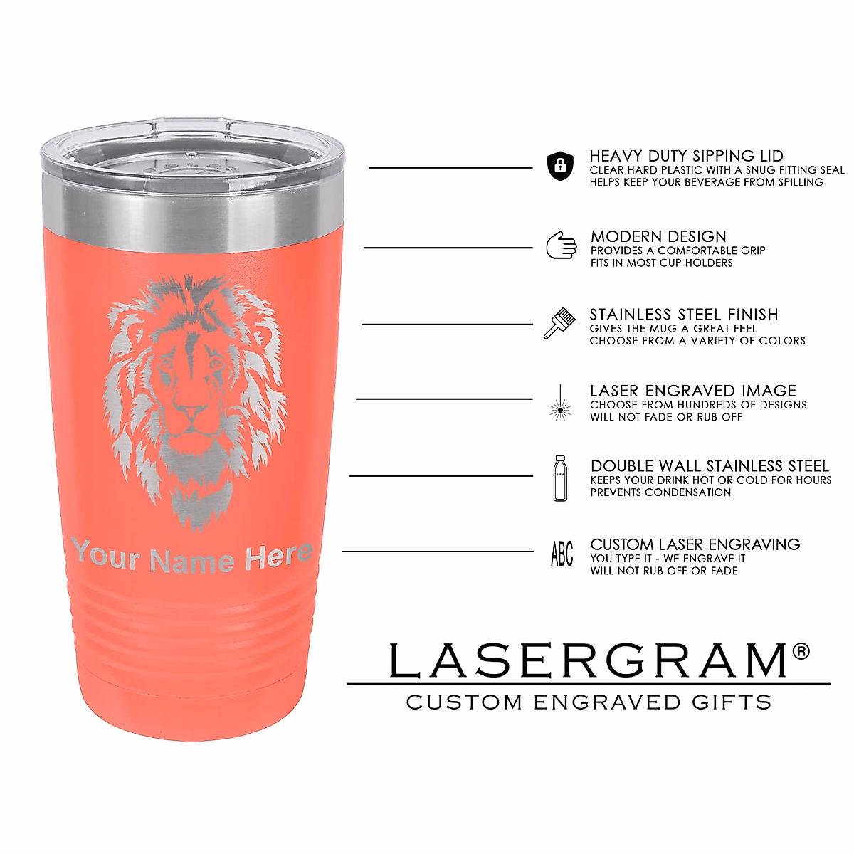 LaserGram 20oz Vacuum Insulated Tumbler Mug, Pineapple, Personalized Engraving Included (Coral)