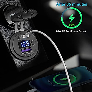 2 Pack USB C Car Charger Socket, Qidoe 12V USB Outlet PD3.0 20W USB C and 18W QC3.0 Car USB Port with LED Voltmeter and ON/Off Switch Fast Car USB Outlet for Car Boat Marine RV Truck Golf Motorcycle