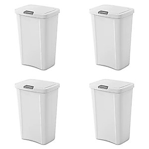 Sterilite 10458004 13 Gallon TouchTop Wastebasket, White w/ Titanium Latch, 4-Pack