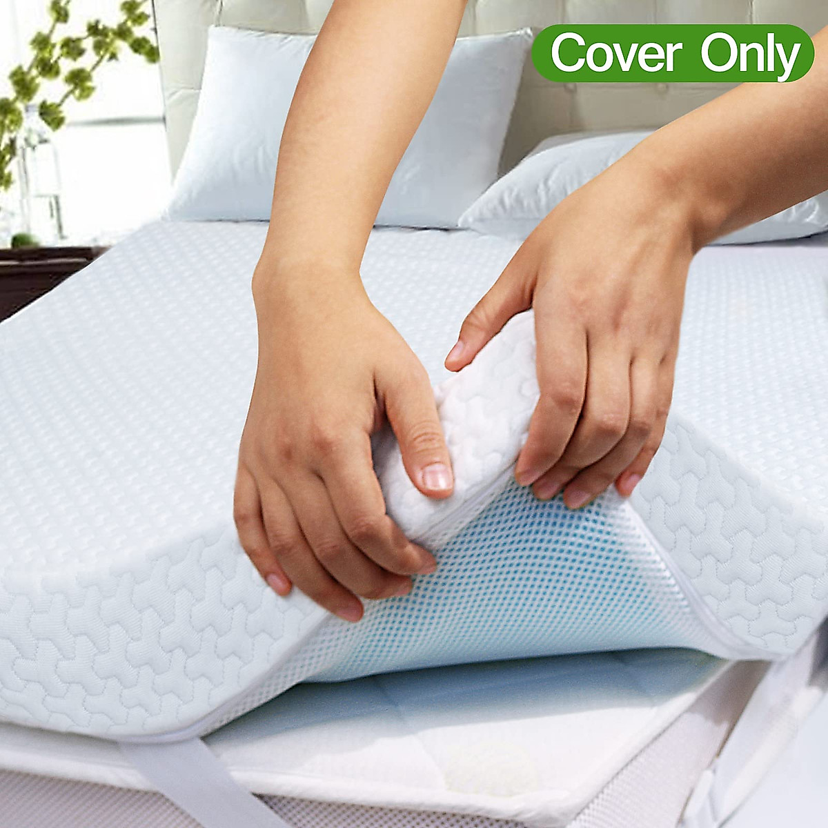 3 Inch Mattress Topper Cover Full Cooling Bamboo Rayon Zippered Cover with Adjustable Straps for Latex Memory Foam Mattress Topper
