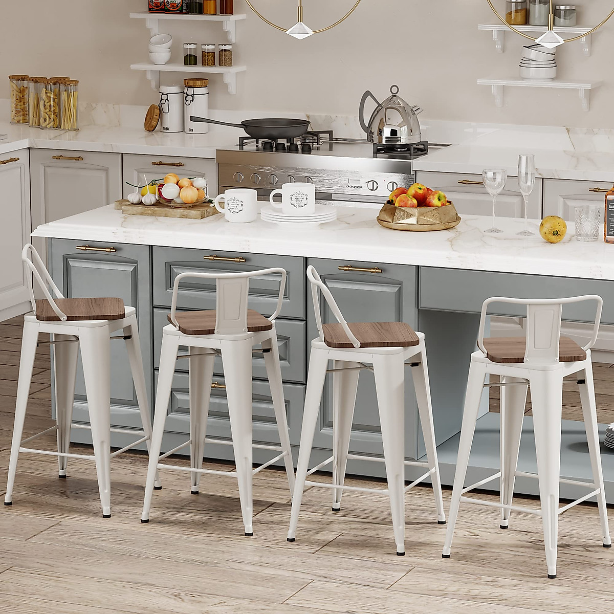 Changjie Furniture 24 Inch Swivel Bar Stools Set of 4 Counter Height Swivel Bar Stools with Backs Industrial Barstools for Kitchen (Swivel 24 inch, White Wooden)