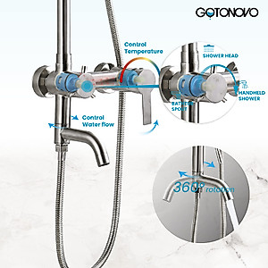 gotonovo Stainless Steel SUS304 Shower Faucet 8 Inch Rainfall Shower Head Cylinder Handle Brushed Nickel Exposed Shower Fixture Wall Mount Shower System With Hand Spray