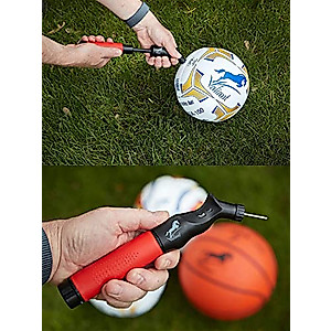 Valiant Sports Ball Pump Inflator with 5 Needles (Pin) and Pouch, Dual Action Hand Held Portable Air Pump with pins to Inflate Soccer Ball, Football, Volleyball, Rugby,Netball & Basketball (Red)