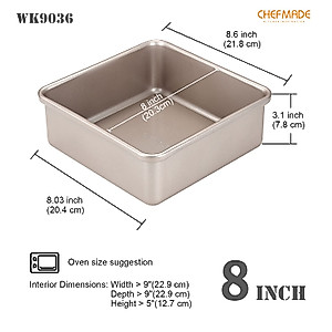 CHEFMADE Square Cake Pan, 8-Inch Deep Dish with Removable Loose Bottom Non-Stick Square Bakeware for Oven Baking (Champagne Gold)