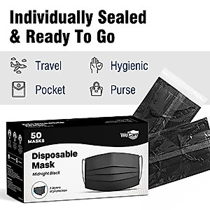 WECARE Disposable Face Mask Individually Wrapped - 50 Pack, 3 Ply Black Masks