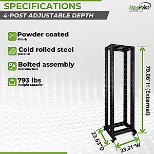 NavePoint 42U 4 Post Server Rack – Open Frame Rack for 19 Inch Equipment, Adjustable Depth 4-Post Network Rack Floor Mount, 42U Server Rack 793lbs Capacity, Black