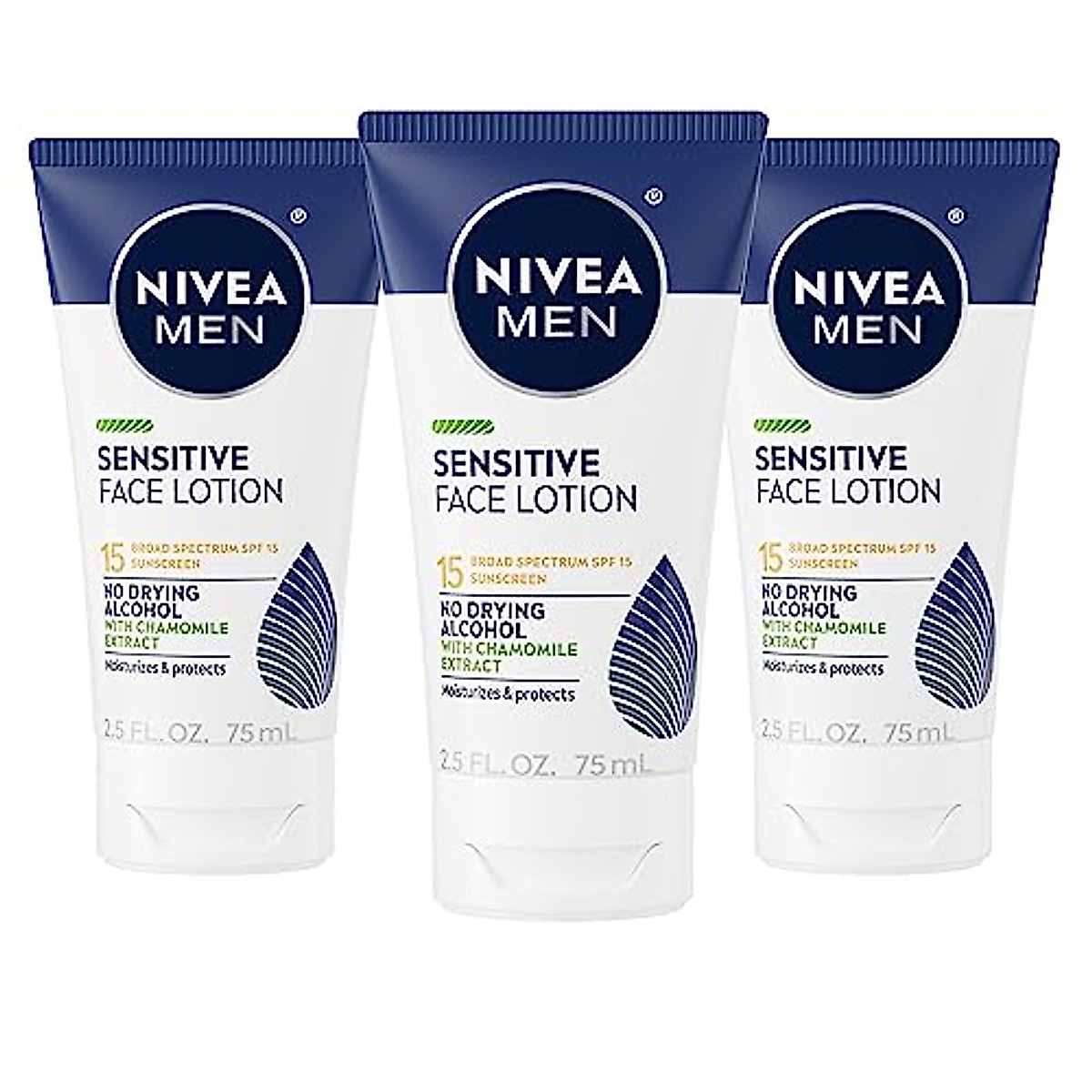 NIVEA MEN Sensitive Face Lotion with SPF 15, Broad Spectrum Sunscreen, 3 Pack of 2.5 Fl Oz Tubes