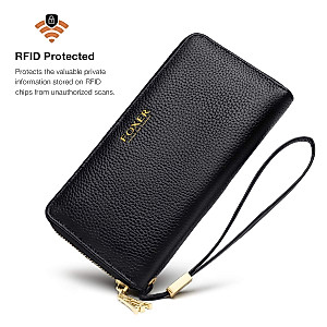 FOXER Leather Zip Around Wallets for Women, Genuine Leather RFID Blocking Gift Box Packing 17 Card Slots Ladies Long Purses with Zipper Coin Pocket Women's Clutch Wallets with Wristband (Black)