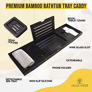 Enlux Premium Bathtub Tray Caddy - Expandable Bath Tray - Unique House Warming Gifts, New Home, Anniversary & Wedding Gifts for Couple, Bridal Shower Gift for Women (Black)