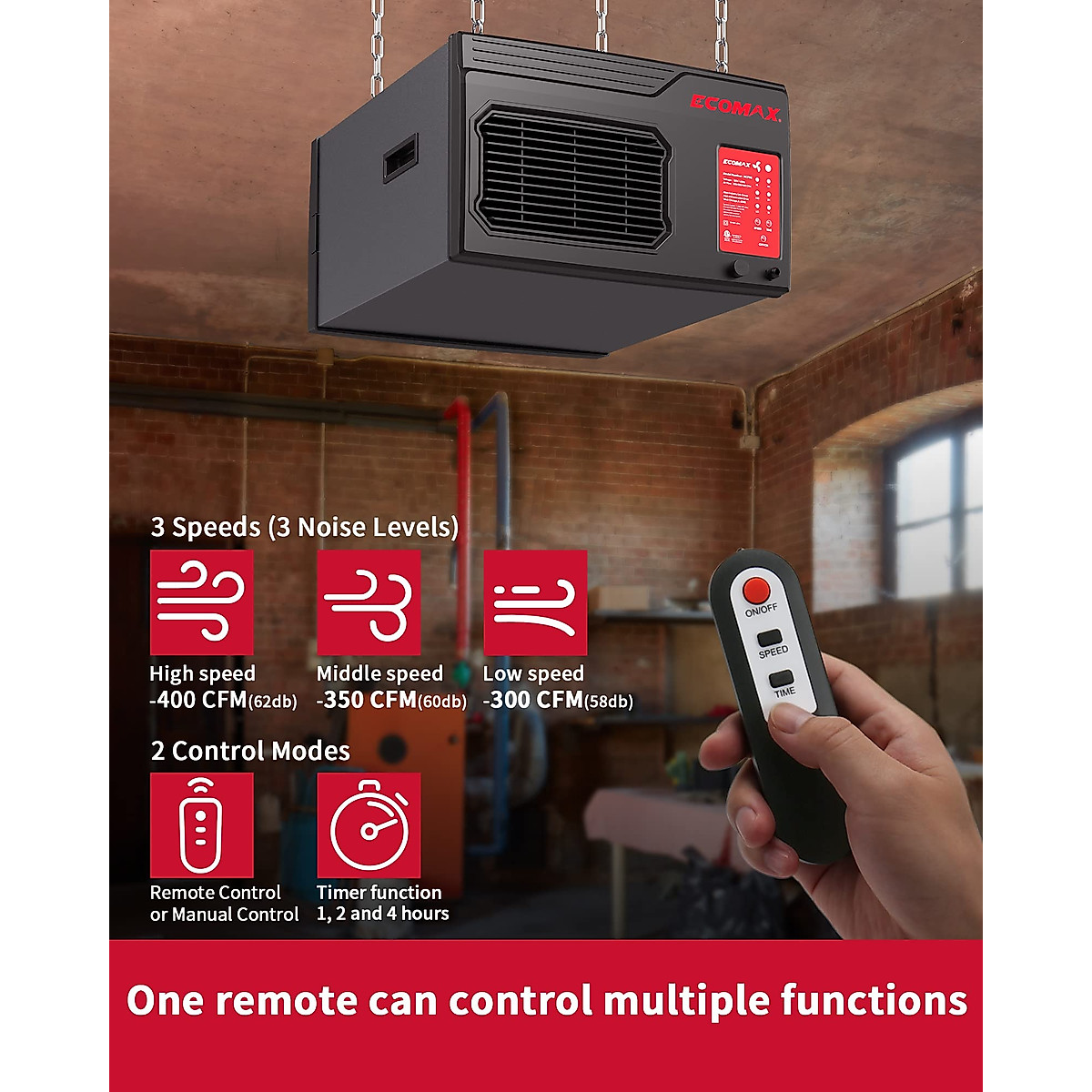 Ecomax MCF03 Air Filtration System, 3-Speed Hanging Ceiling Dust Collectors for Woodworking, Remote Controlled Dust Collection Systems for Shop Garage (300/350/400 CFM)