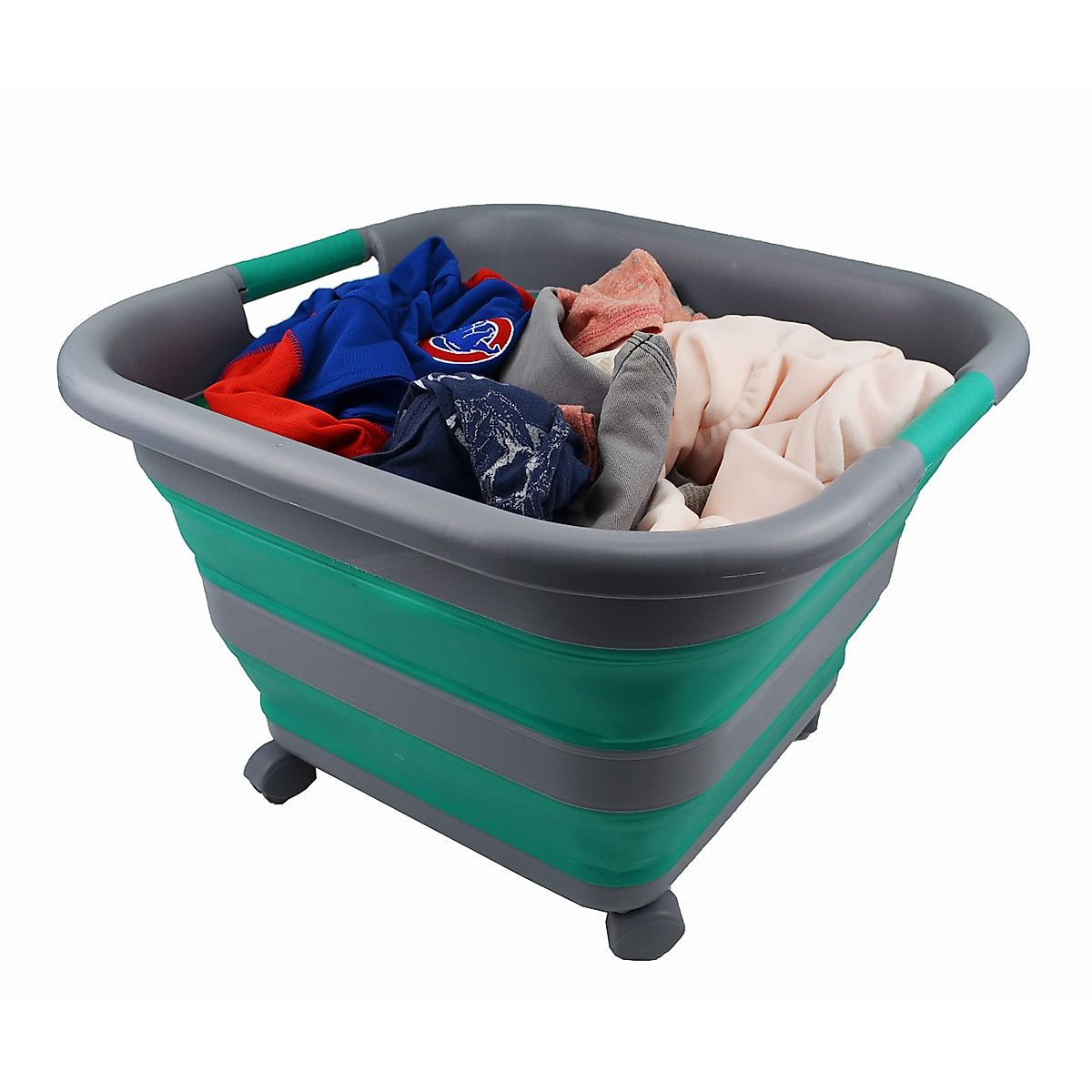 SAMMART Collapsible Plastic Laundry Basket with Wheels 39L (10.3 Gallons) -Foldable Pop Up Storage Container for Laundry, Camping & Home (1, Dark Grey/Bluish-Green)