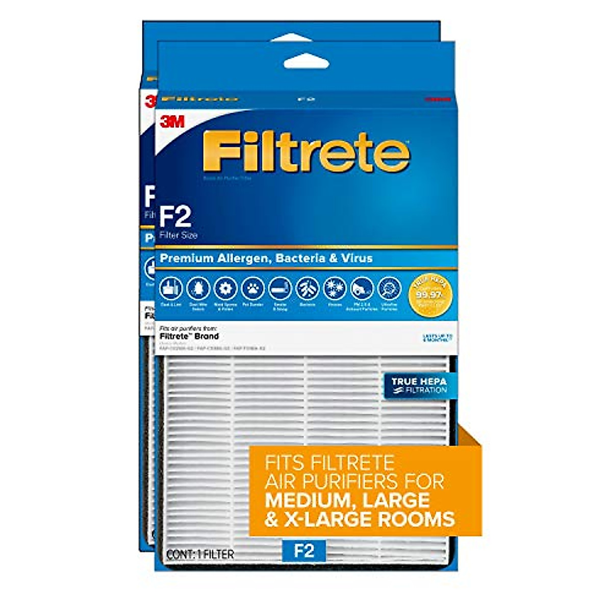 Filtrete F2 Room Air Purifier Filter, True HEPA Premium Allergen, Bacteria, and Virus, 13 in. x 8.2 in., 2-Pack, works with devices: FAP-C02WA-G2, FAP-C03BA-G2, FAP-T03BA-G2 and FAP-SC02N