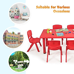 Costzon Kids Table and Chair Set, 6 Pcs Stackable Chairs, 47 x 23.5 Inch Rectangular Plastic Activity Table Set for Children Reading Drawing Playing Snack Time, Toddler School Furniture (Red)
