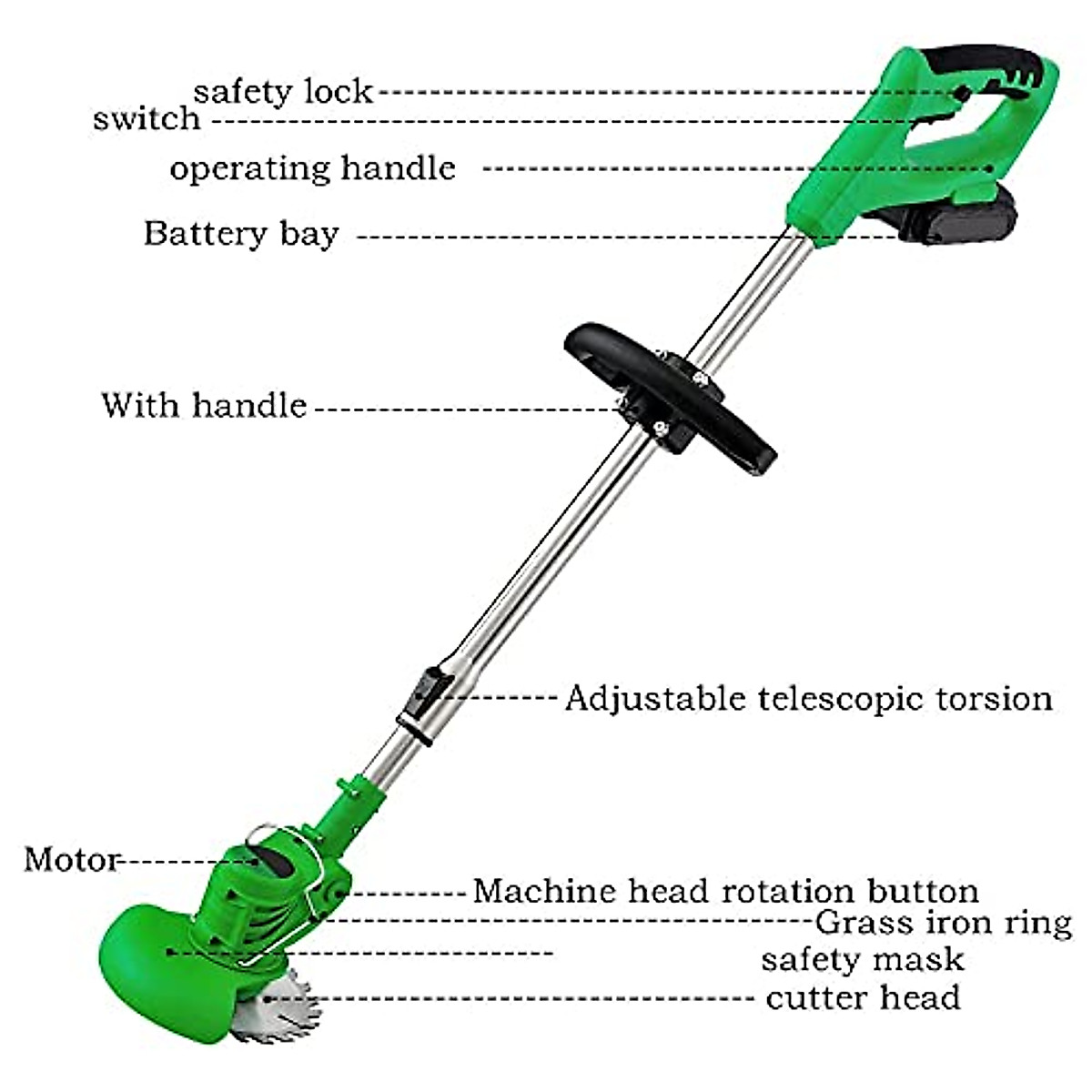 Guoguoba 24V Cordless Grass Cutter with Spare Metal Blades Electric Lawn Trimmer Weed Eater Cordless String Trimmers Telescopic Handle Garden Weed Trimmer Tool for String Mower Garden Edger-Green
