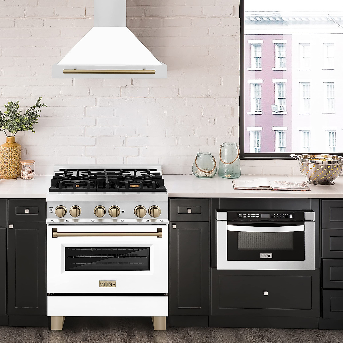 ZLINE 30" Autograph Edition Stainless Steel Range Hood with White Matte Shell and Champagne Bronze Accents