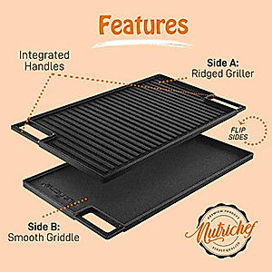 NutriChef Cast Iron Reversible Grill Plate - 18 Inch Flat Cast Iron Skillet Griddle Pan For Stove Top, Gas Range Grilling Pan w/ Silicone Oven Mitt For Electric Stovetop, Ceramic, Induction.