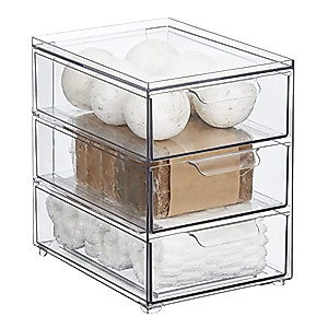 mDesign Plastic Stackable Organizer with 3 Drawers - Pull-Out Drawer Storage Bin for Bathroom Sink/Cabinet Organization - Perfect for Makeup, Small Towels, and More - Lumiere Collection, Clear