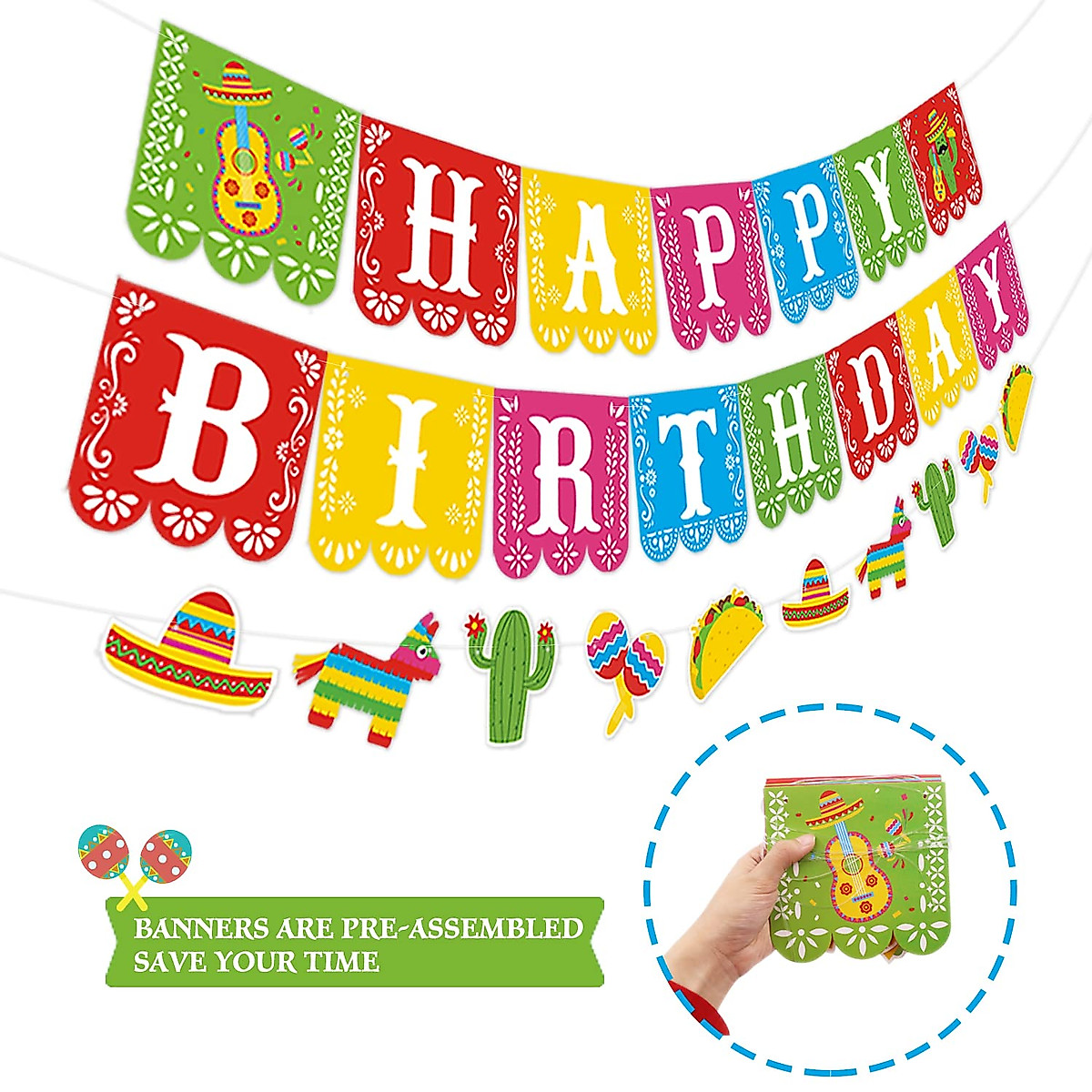 Kitticcino Set of 3 Happy Birthday Banner Mexican Themed Party Backdrops Decorations